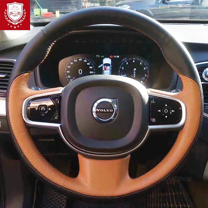 DIYオレンジ-レザーのステアリングホイールカバー,手作りのインテリアアクセサリー,Volvo xc90 v90 s90 xc60 s60l v40 v60 s80l