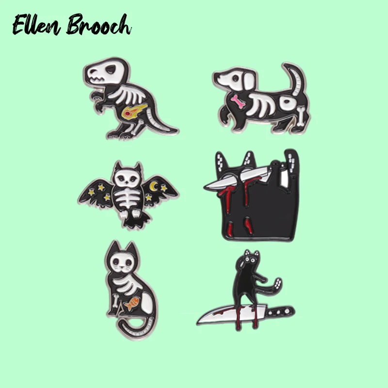 Skeleton Animal Enamel Pin Cat Dog Dinosaur Owl Brooch Lapel Badges ...