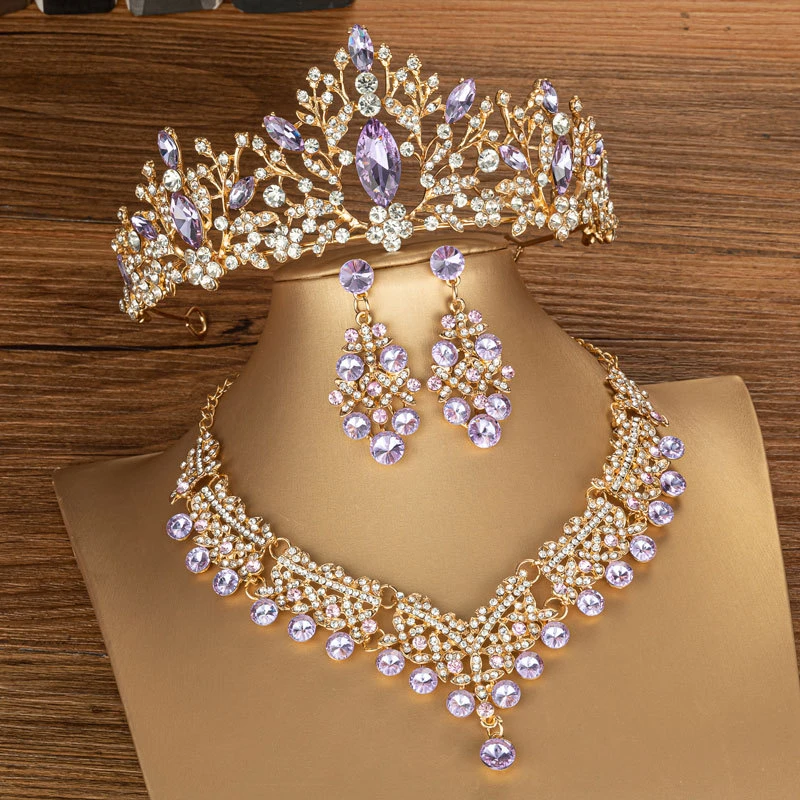 Wedding Necklace Earring Set Pink | Pink Color Wedding Crown Tiara ...