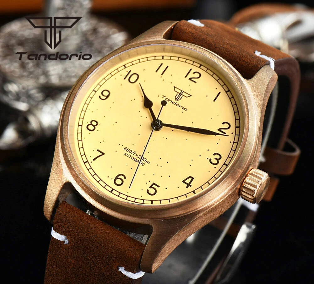 Tandorio Cusn8 Bronze 39mm Dress 200M Pilot Automatic Men Watch Yellow ...