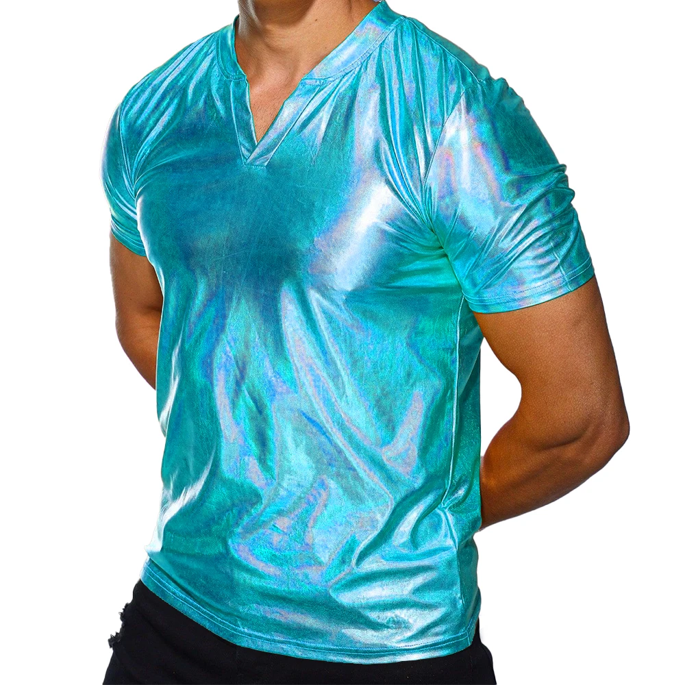 Men's V-neck Short Sleeved T-Shirt Shiny Laser Shiny MetallicT-shirt ...