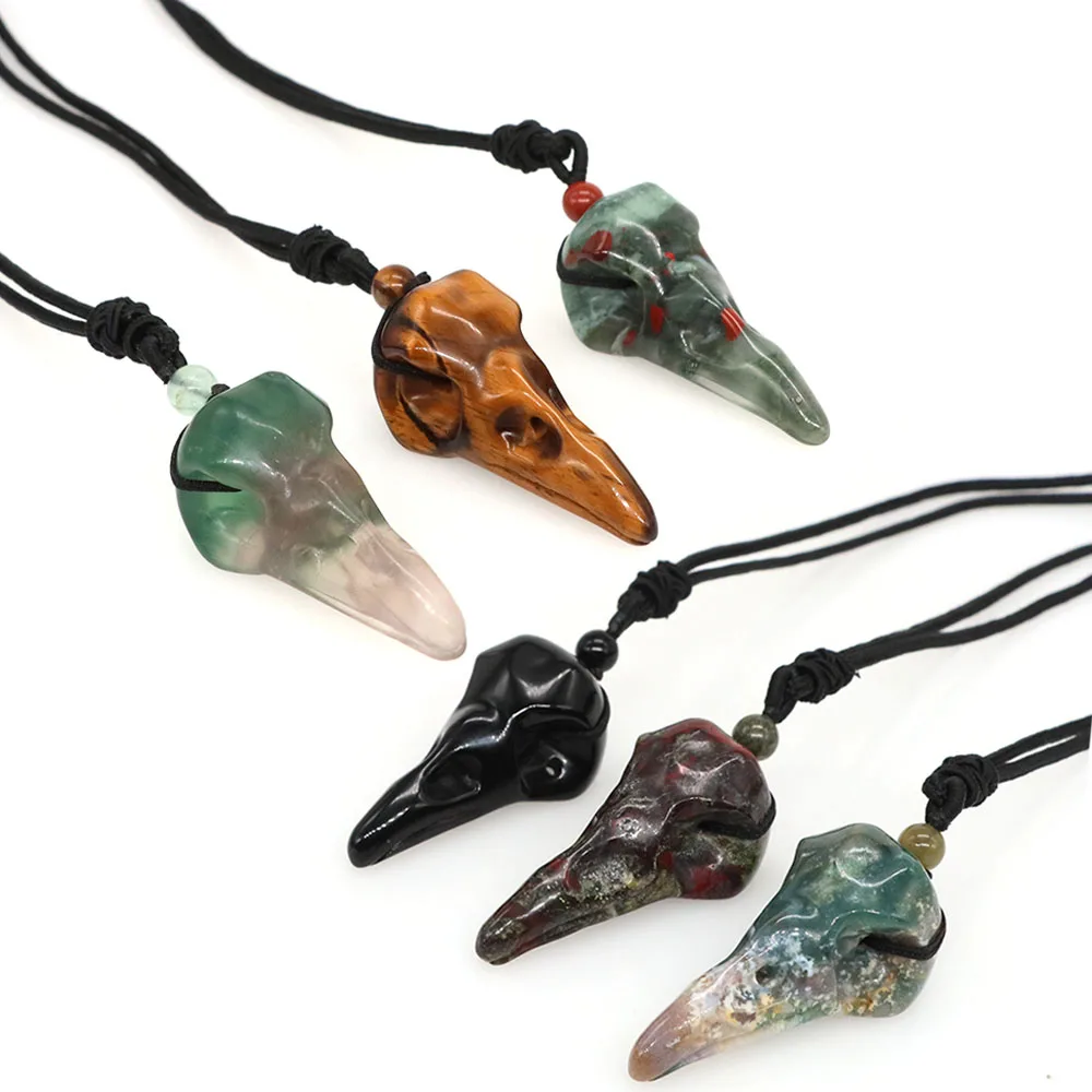 1-8-Natural-Stone-Carved-Crystal-Crow-Head-Skull-Pendant-Necklace-for ...