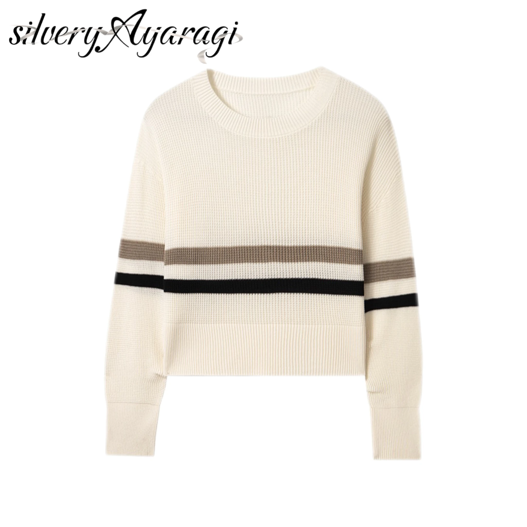 silvery-Ayaragi-Women-Short-Pullovers-32-4-Sheep-Wool-Round-Collar-Loose-fit-Stripes-Sweaters ...