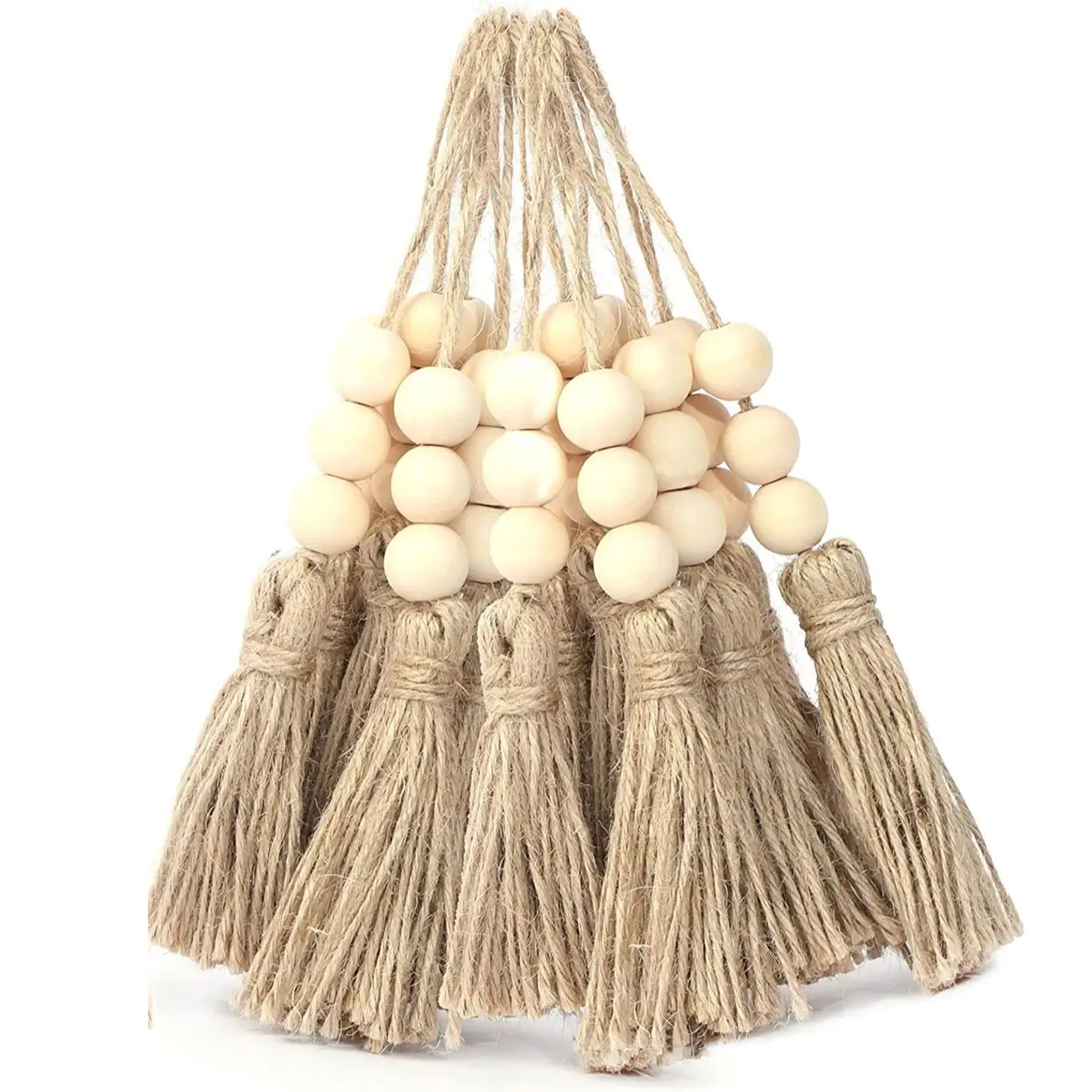 20pcs Jute Rope Tassels With 3 Wood Beads Hemp Burlap Tassels For ...