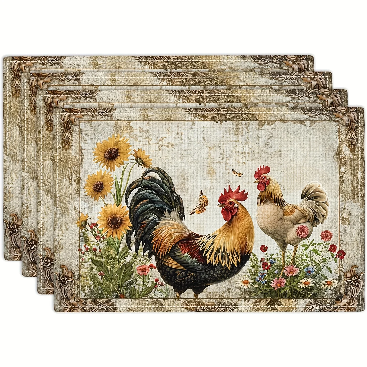 Farmhouse Rooster Placemats,Vintage Country Chicken&Daisy Flower Design ...