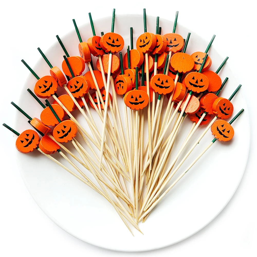 100Pcs-Halloween-Pumpkin-Skewers-Fruit-Bamboo-Picks-Forks-Buffet ...