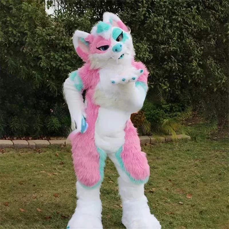 Pink Long Fur Furry Costume Husky Dog purple Fox Mascot Costume Fursuit ...