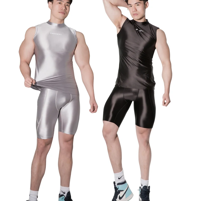 New Sexy Men Gloss Tight Elastic Fitness Clothes Oil Icy Silky Sports ...