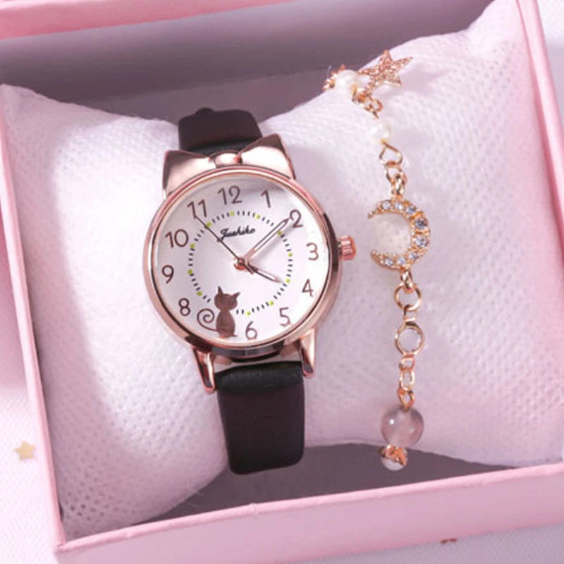 YIKAZE Simple Girl Watch Set Leather Female Student New Cute Fashion ...
