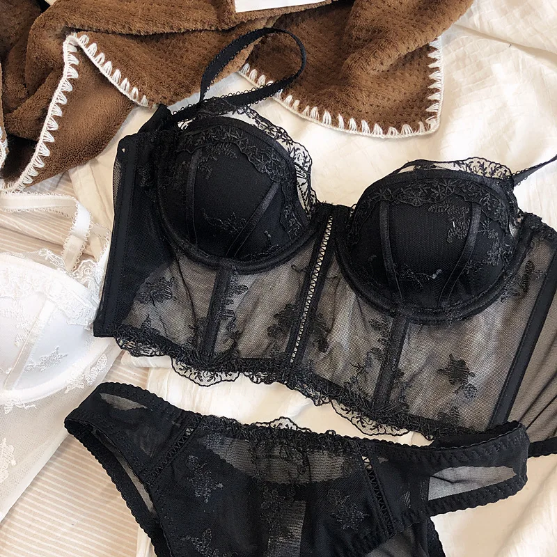 Lencer-a-Retro-de-media-Copa-sujetador-largo-de-encaje-bordado-conjunto ...