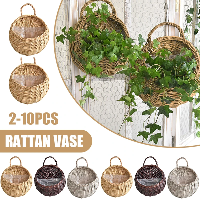 2-4-8-10pcs-Wall-Hanging-Handmade-Wicker-Rattan-Flower-Basket-Green ...