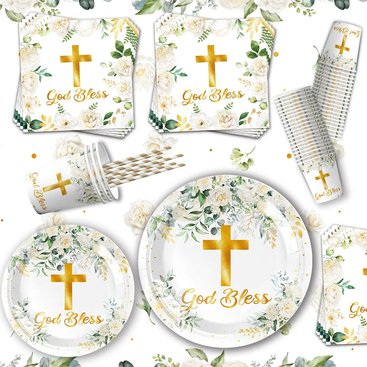 Baptism Cross Disposable Tableware Set First Holy Communion Baptism ...