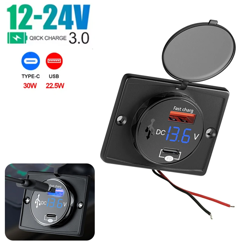 QC3.0+PD Car Charger Dual Ports Adapter with Cover Digital Voltage ...