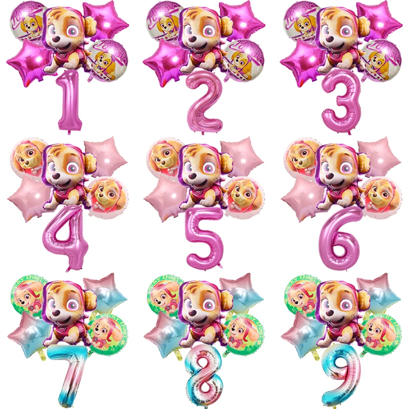 6pcs New paw patrol Foil Balloons set pink Skye number Baby Shower ...