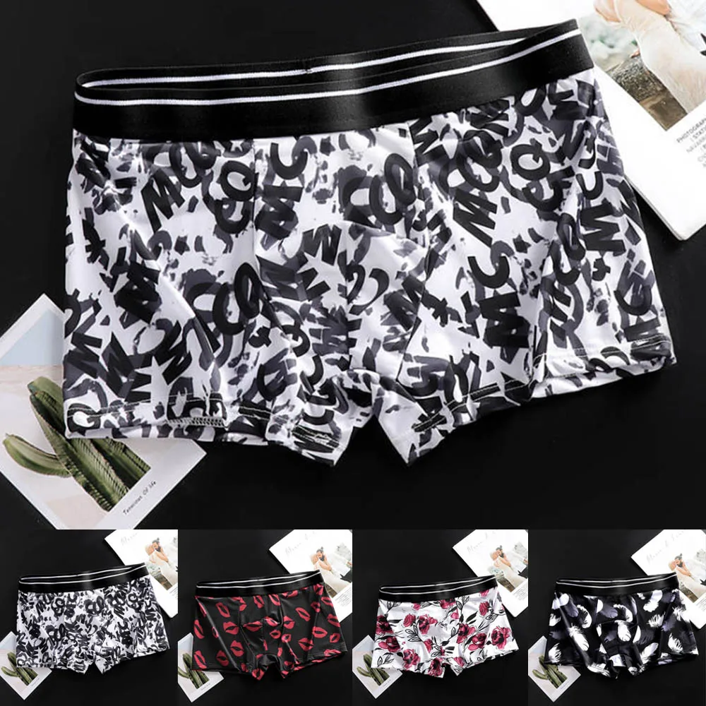 Men Sexy Ice Silk Print Underwear Boy Sissy Boxer Briefs Bulge U Convex ...