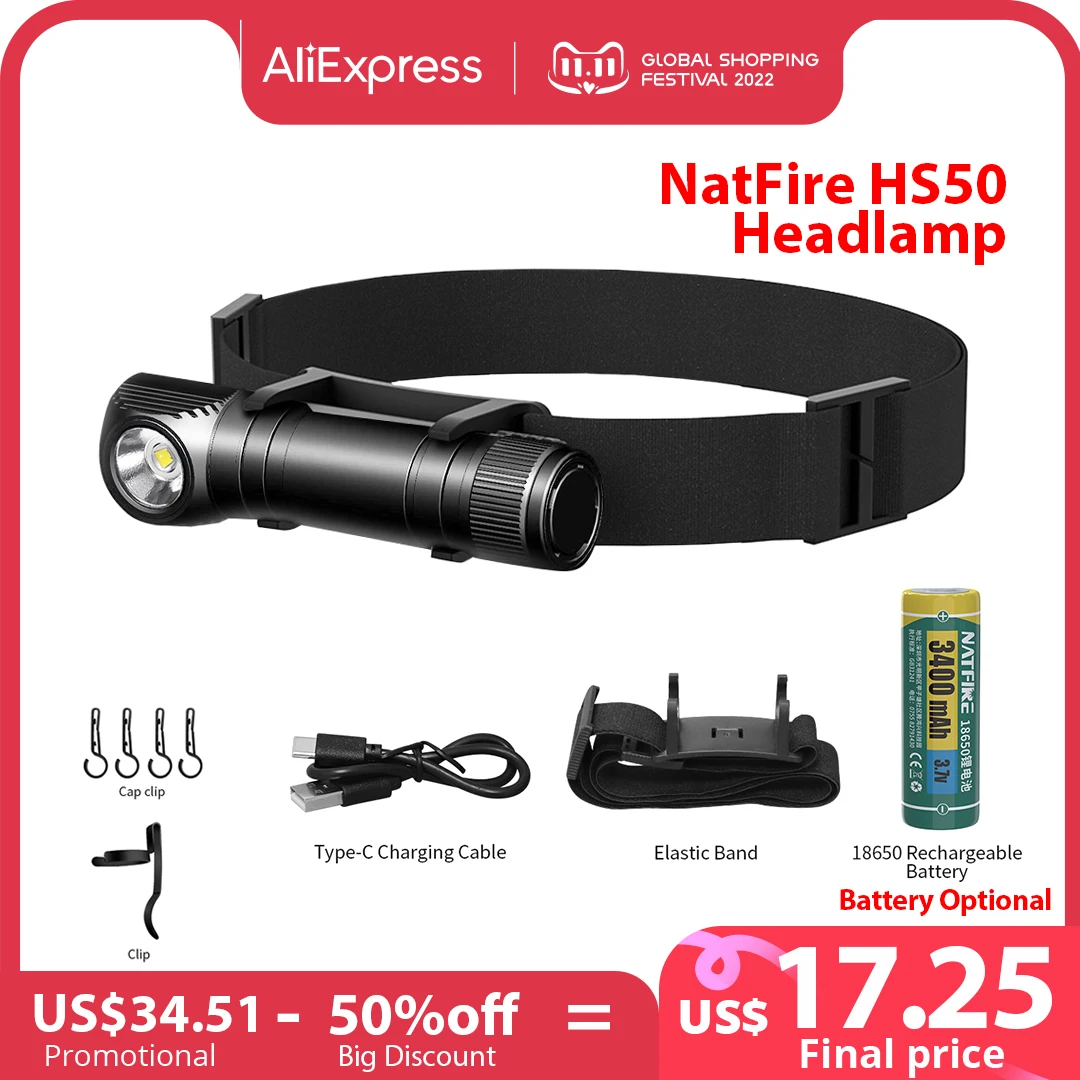 NATFIRE-Headlamp-HS50-Rechargeable-USB-C-Headlight-18650-Bright-LED-Torch-1000lm-Flashlight-with ...