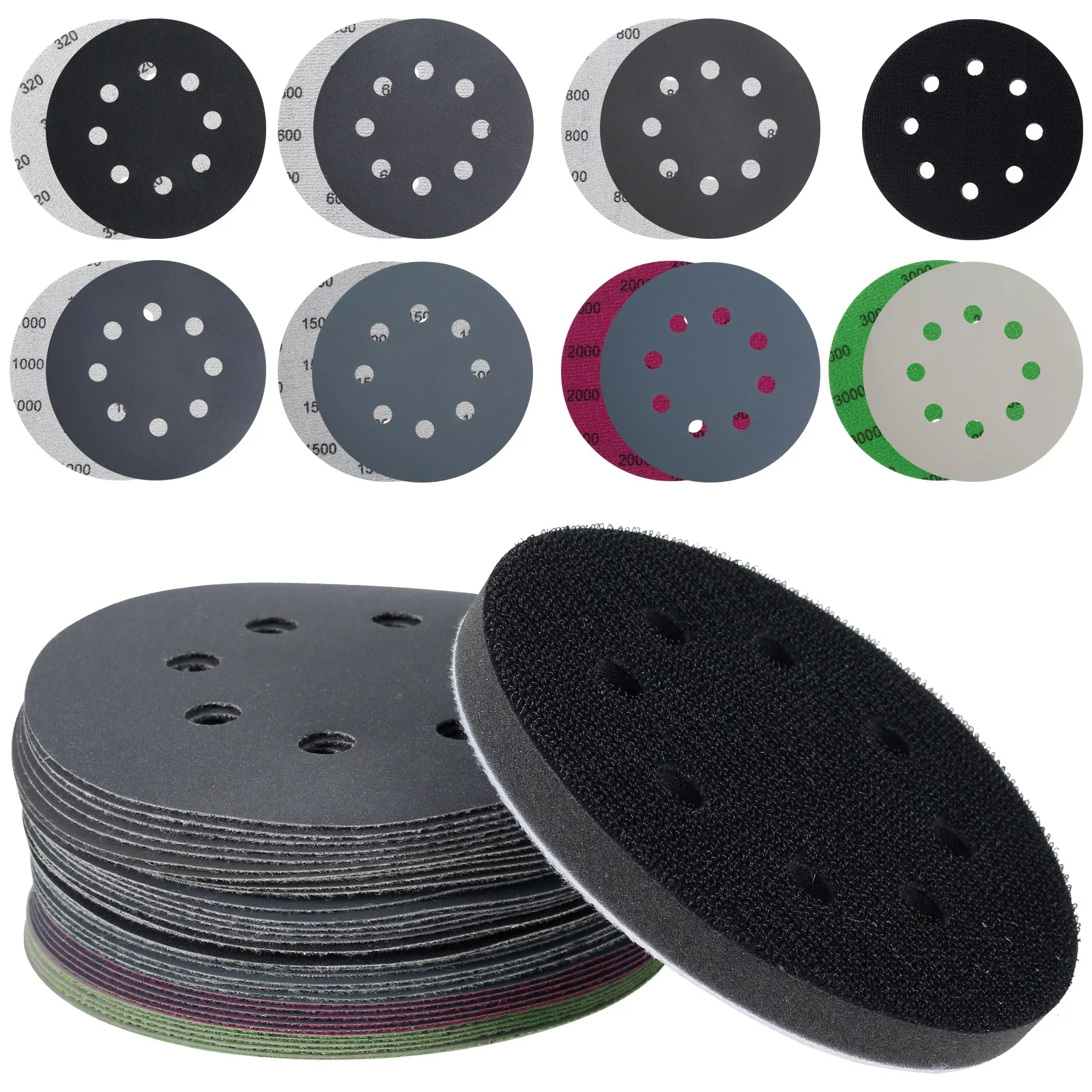36Pcs-125mm-5-Inch-Sanding-Discs-Pads-8-Holes-80-3000-Grit-Sandpaper ...
