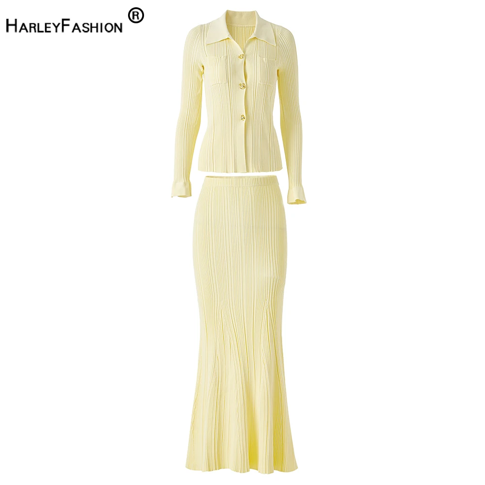 Spring-Brief-Design-Fresh-Lemon-Yellow-Women-Knitted-2PCS-Sets-Slim ...