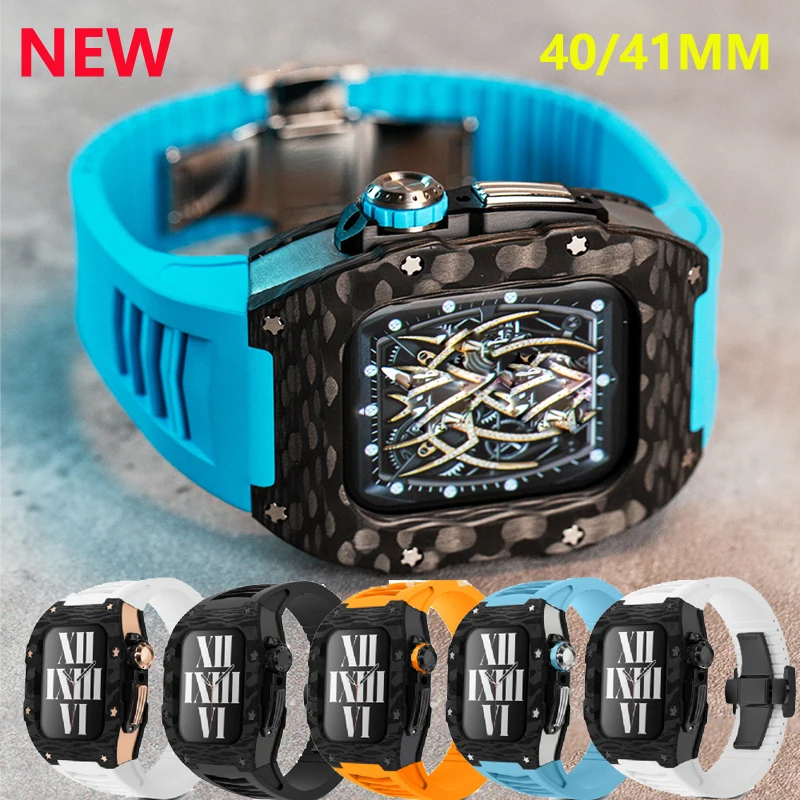 Fluororubber Strap For Apple Watch Band 41mm 40mm Carbon Fiber ...