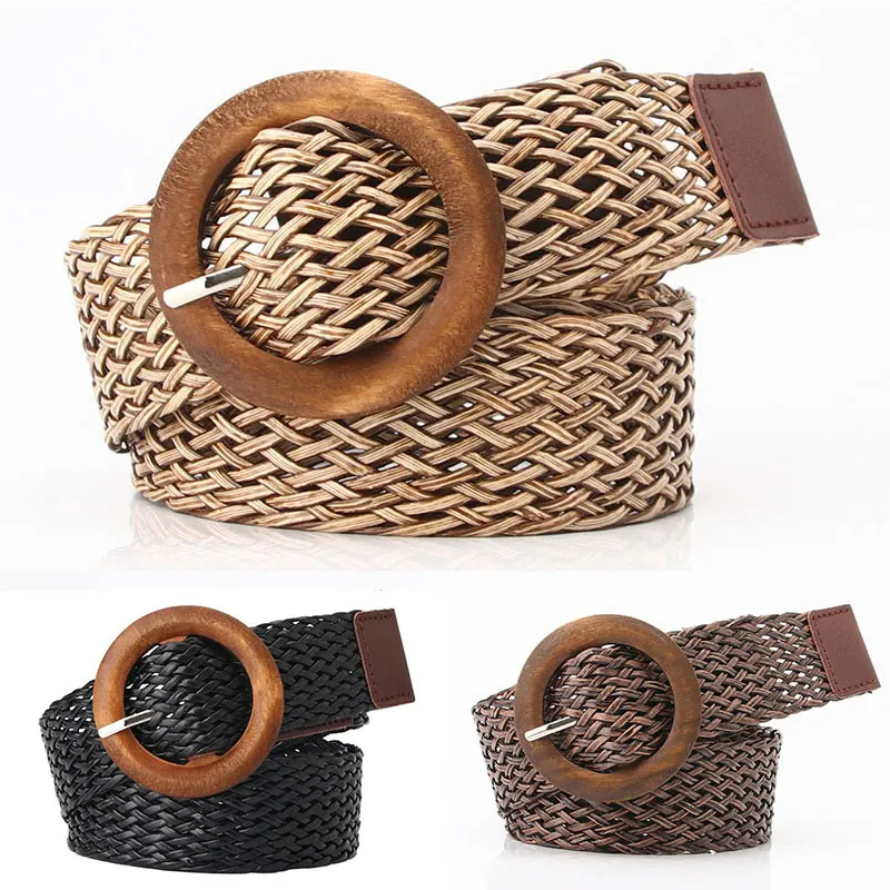 New-Fake-Straw-Knitted-Round-Square-Buckle-Waistband-Breathable-Hollow ...