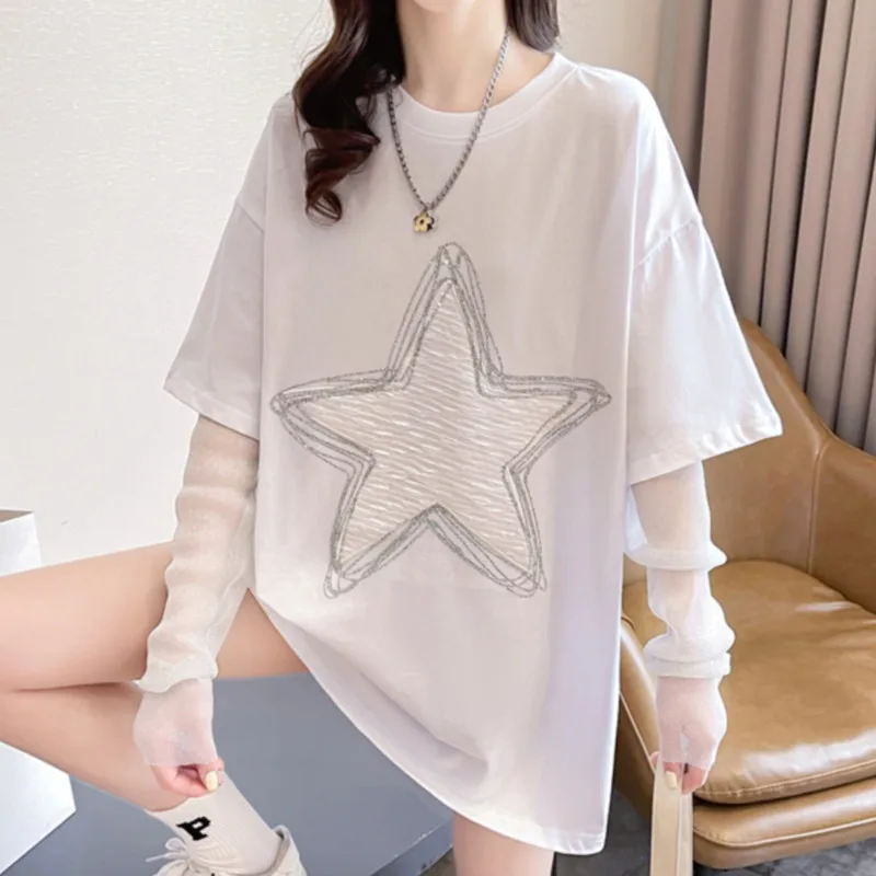 0623White-Black-False-Two-Piece-T-Shirt-Women-Stars-Short-Sleeve-T ...