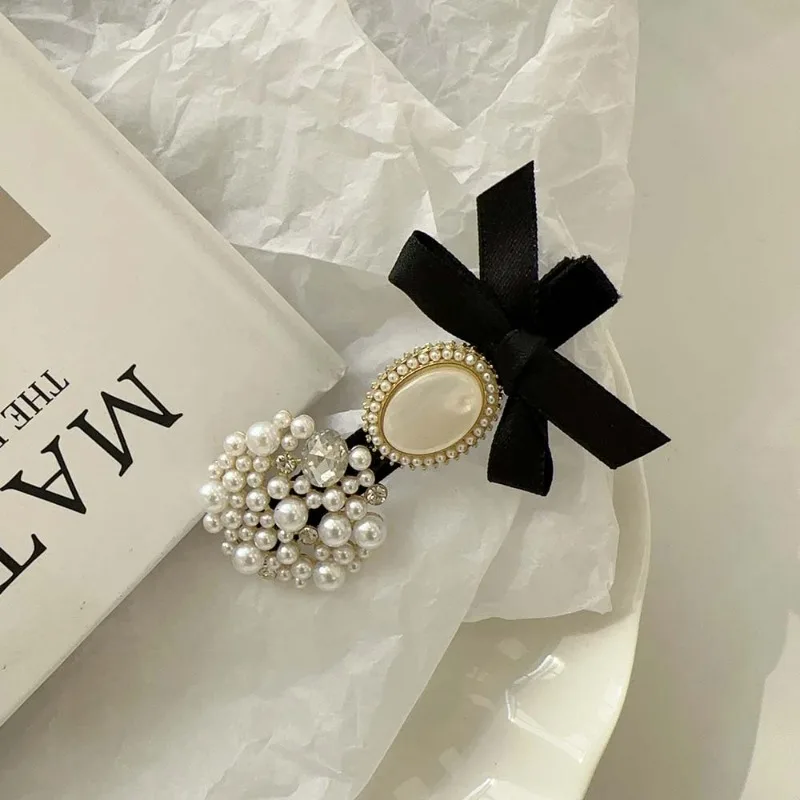 2024 new black bow on the side high-end and elegant pearl bangs hair ...