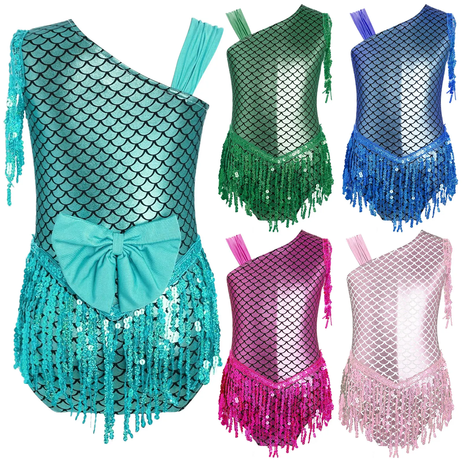 Girls Metallic Fish Scale Gymnastic Leotards Jumpsuit Mermaid Dance ...