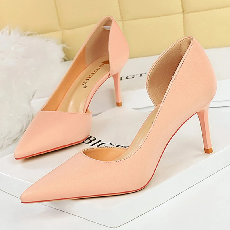 Women Lovely Pink 7cm High Heels Pumps Lady Satin Concise Pointed Toe ...