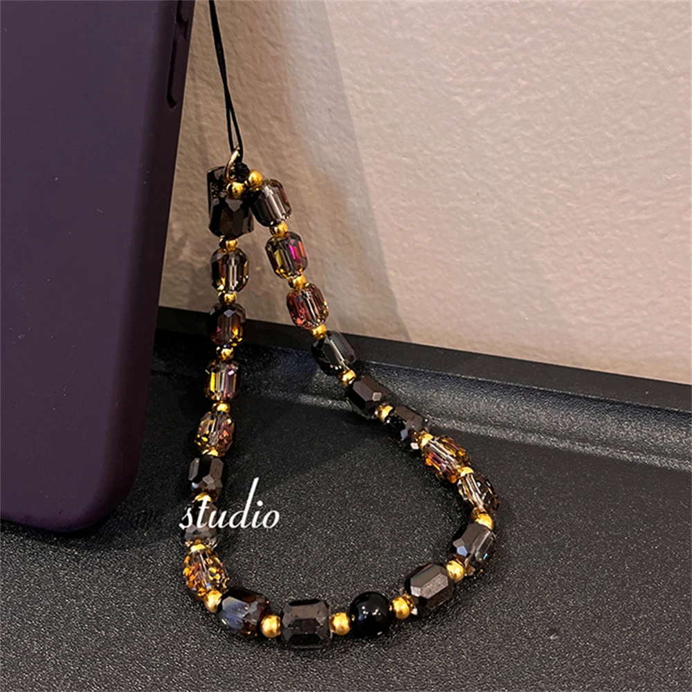 Luxury-Black-Gold-Crystal-Phone-Chain-Strap-Bead-Korean-Bracelet-For ...