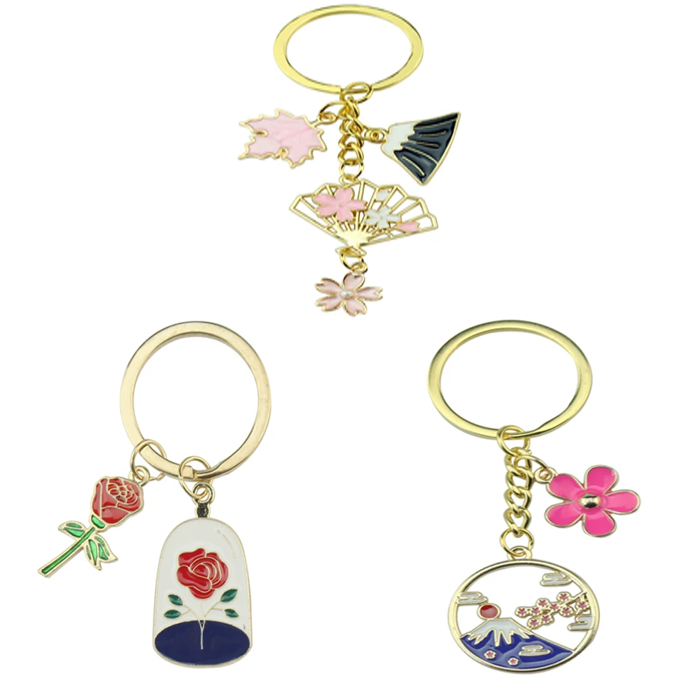 Cartoon Keychain Japan Fuji Mountain Sakura Key Ring Flower Enamel Key ...