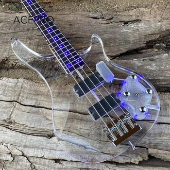 4 String Blue LED Lights Electric Bass Guitar, Clear Acrylic Crystal ...