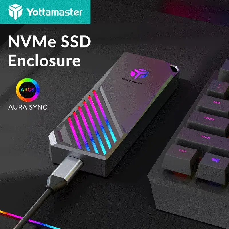 Yottamaster M.2 NVMe SATA SSD Case Dual Protocol 10Gbps NVMe PCIE 5Gbps ...