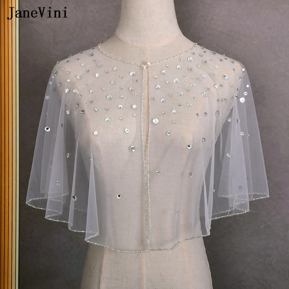 JaneVini New Luxury Rhinestone White Bolero Women Tulle Cape Bridal ...