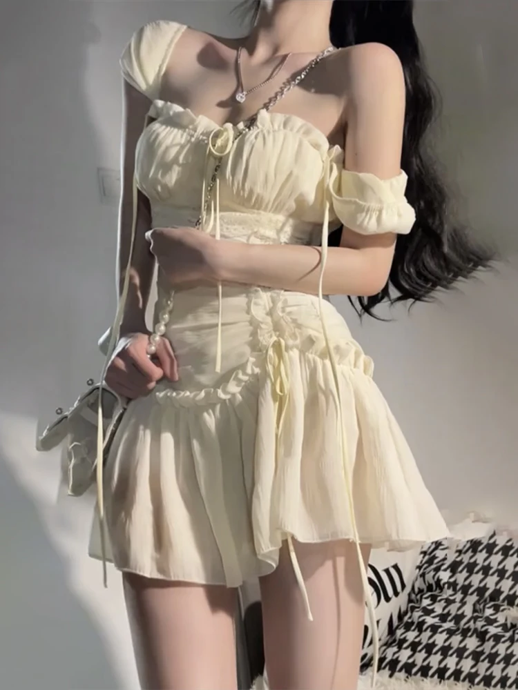 Faymusty 우아한 시크 티 브레이크 프렌치 원숄더 시크 드레스 2022 디자인 감각 슈퍼 페어리 브라 여성 2022