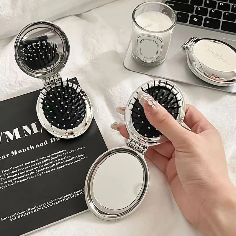 2 In 1 Mini Portable Folding Comb Mirror Air Cushion Silver Plating ...