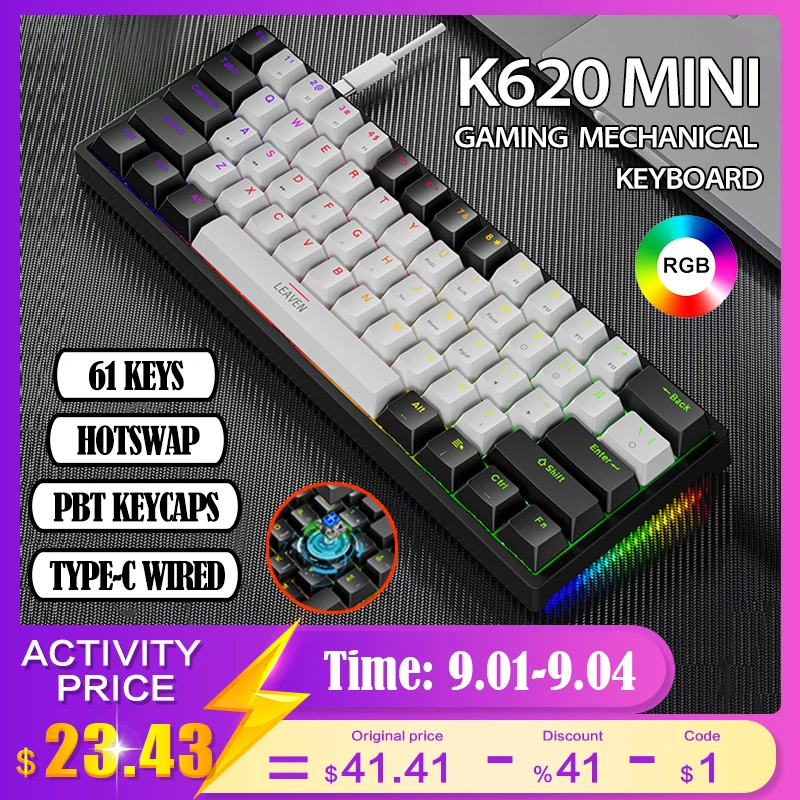 Buy K620 Mini Gaming Mechanical Keyboard 61 Keys RGB Hotswap Type-C ...