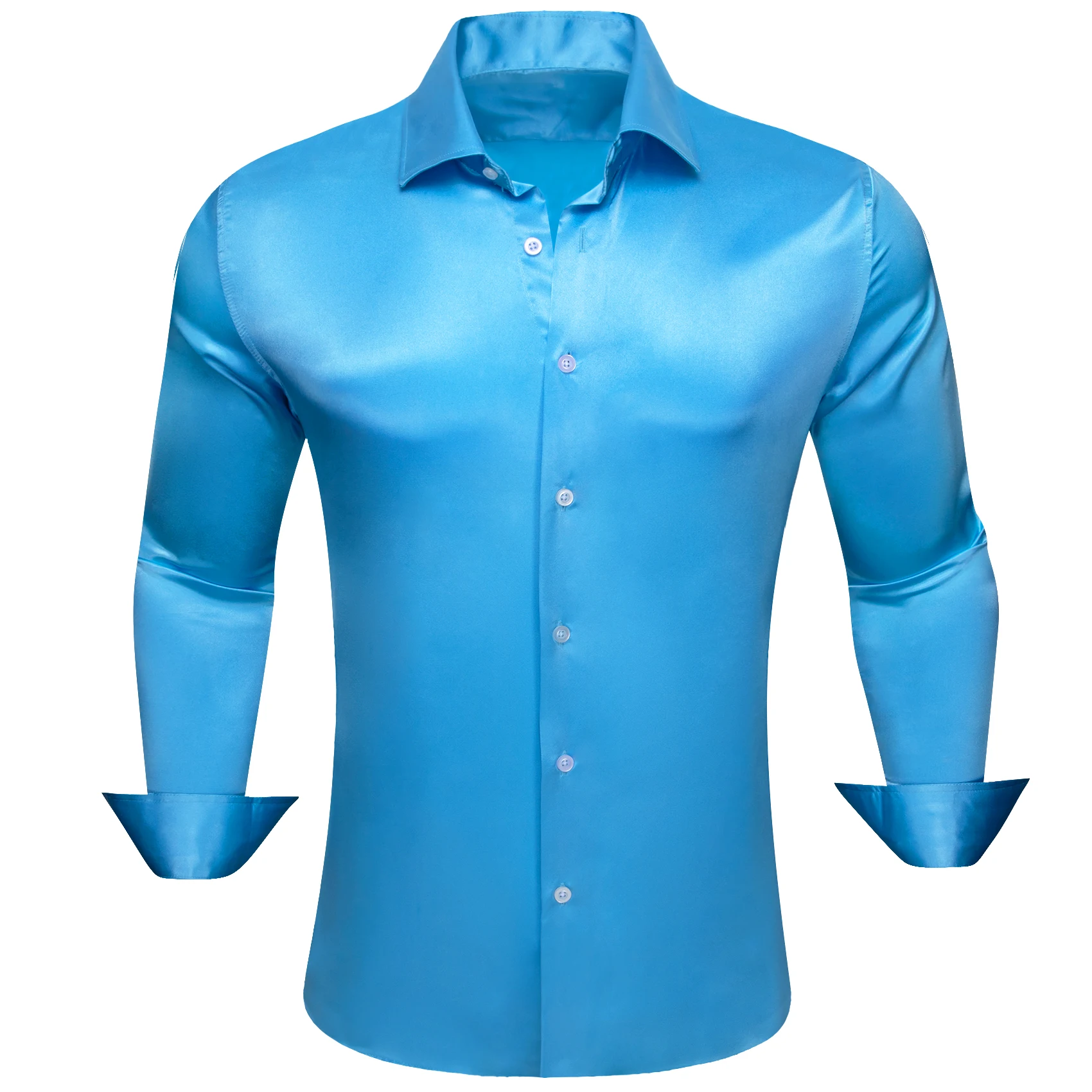Luxury-Shirts-for-Men-Long-Sleeve-Silk-Satin-Blue-Teal-Solid-Plain-Slim ...
