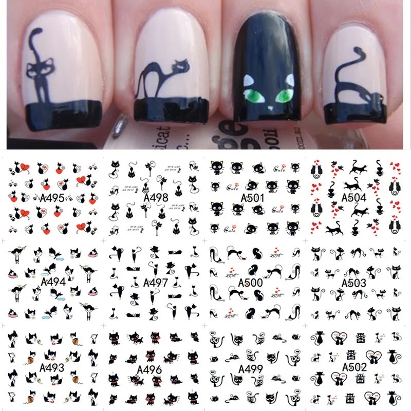 1 Sheet 12 Types Designs DIY Transfer Nails Art Sticker Black Cat ...