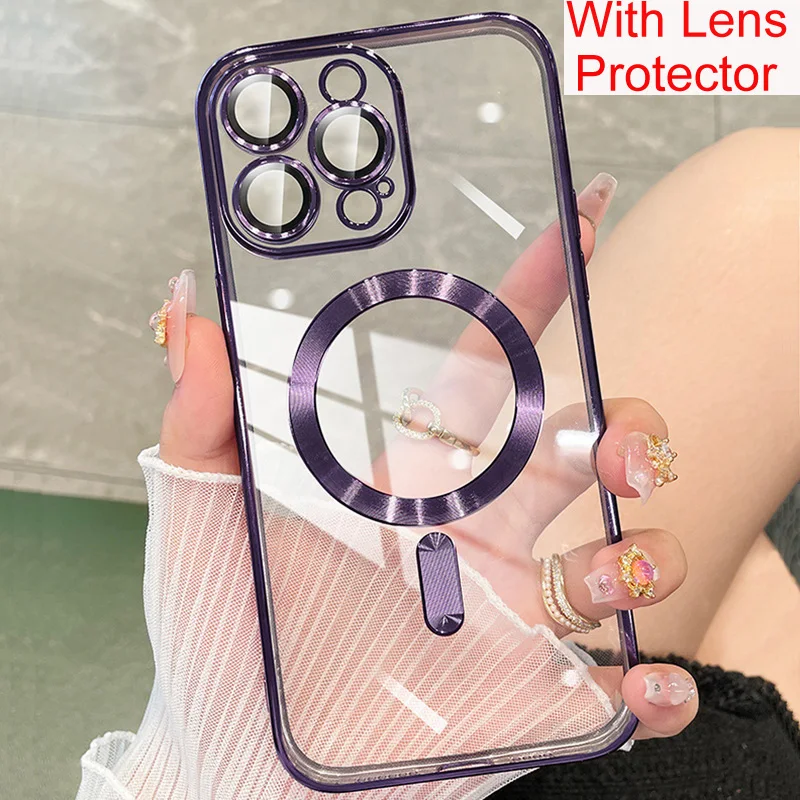 Magsafe Plating Camera Lens Protector Case, Silicone Capa de Carregamento Magnético Sem Fio ...