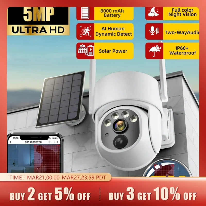 5MP PTZ Solar Power IP WiFi Camera Outdoor IP66 Waterproof 5X Zoom ...