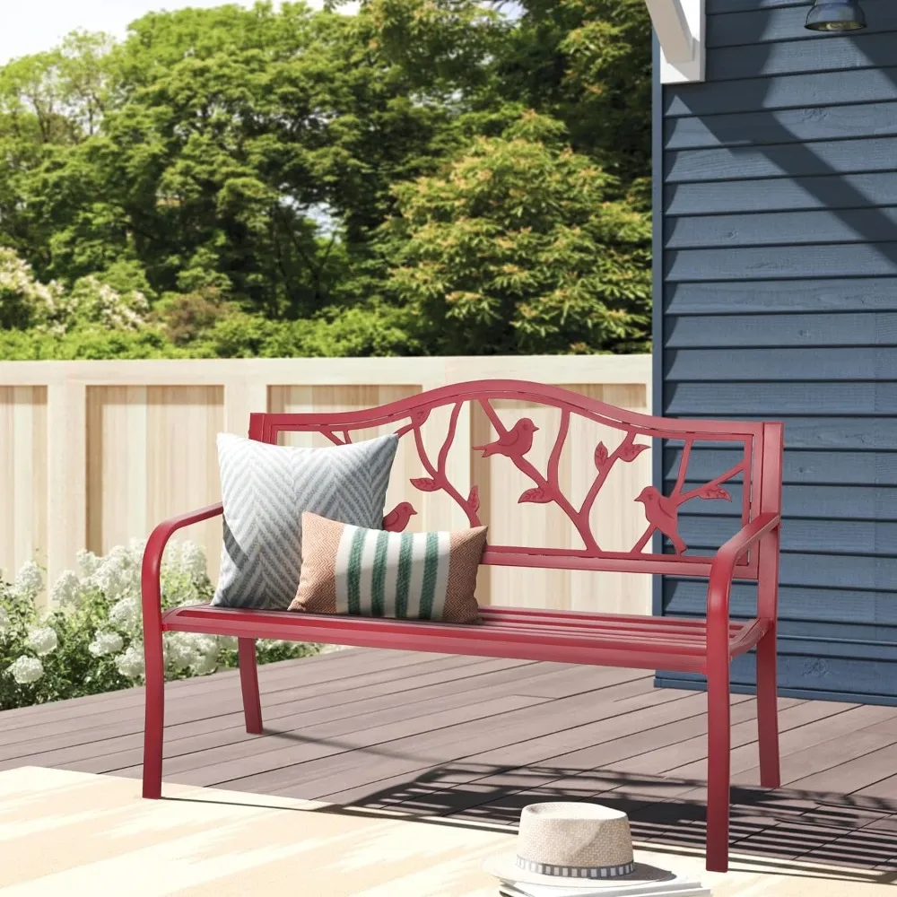 Outdoor-Patio-Metal-Park-Bench-Red-Steel-Frame-Bench-with-Backrest-and ...