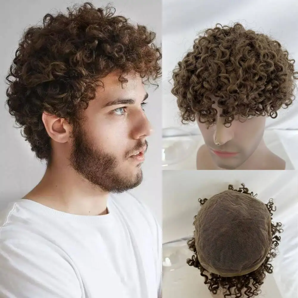 Toupee-for-Men-Small-Curly-100-Human-Hair-Brown-Replacement-System ...