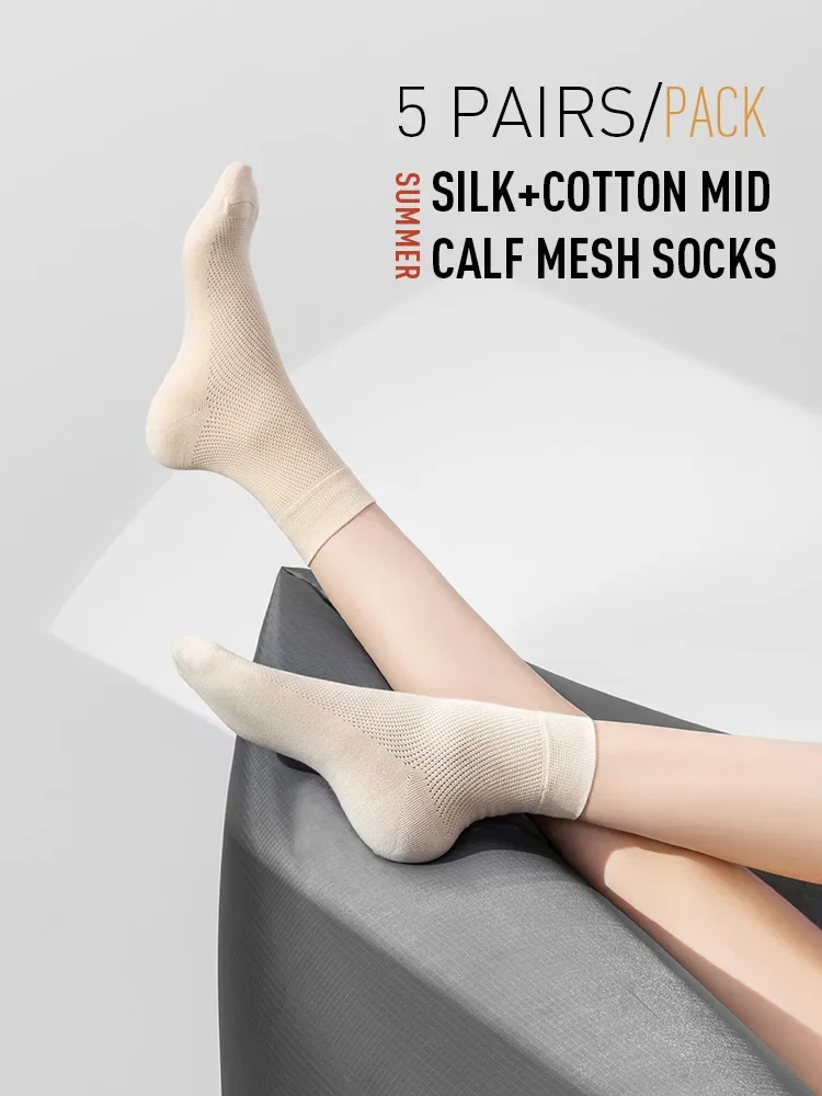 Quality-Summer-Silk-Cotton-Socks-5-Pairs-Sets-Women-Mesh-Solid-Sock-Men ...