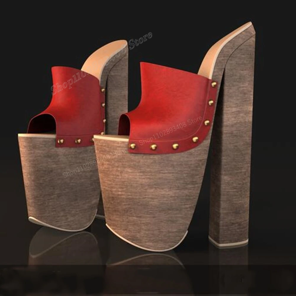 Red-Round-Rivets-Platform-Peep-Toe-Slippers-Chunky-High-Heel-Slip-on ...