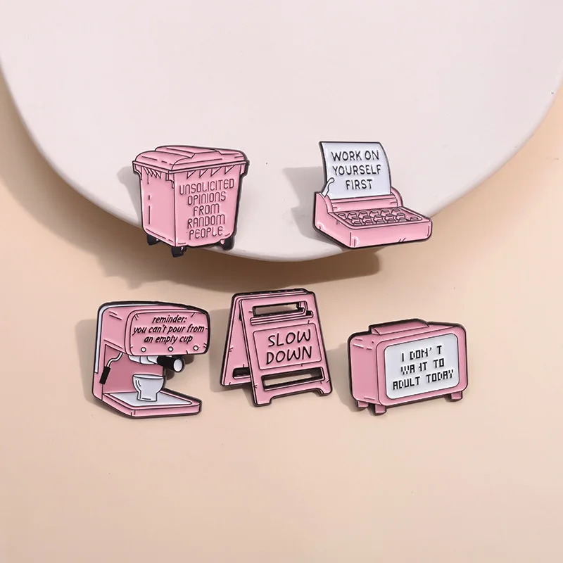 Cartoon Pink Coffee Machine Slow Down Warning Signs Enamel Pins ...