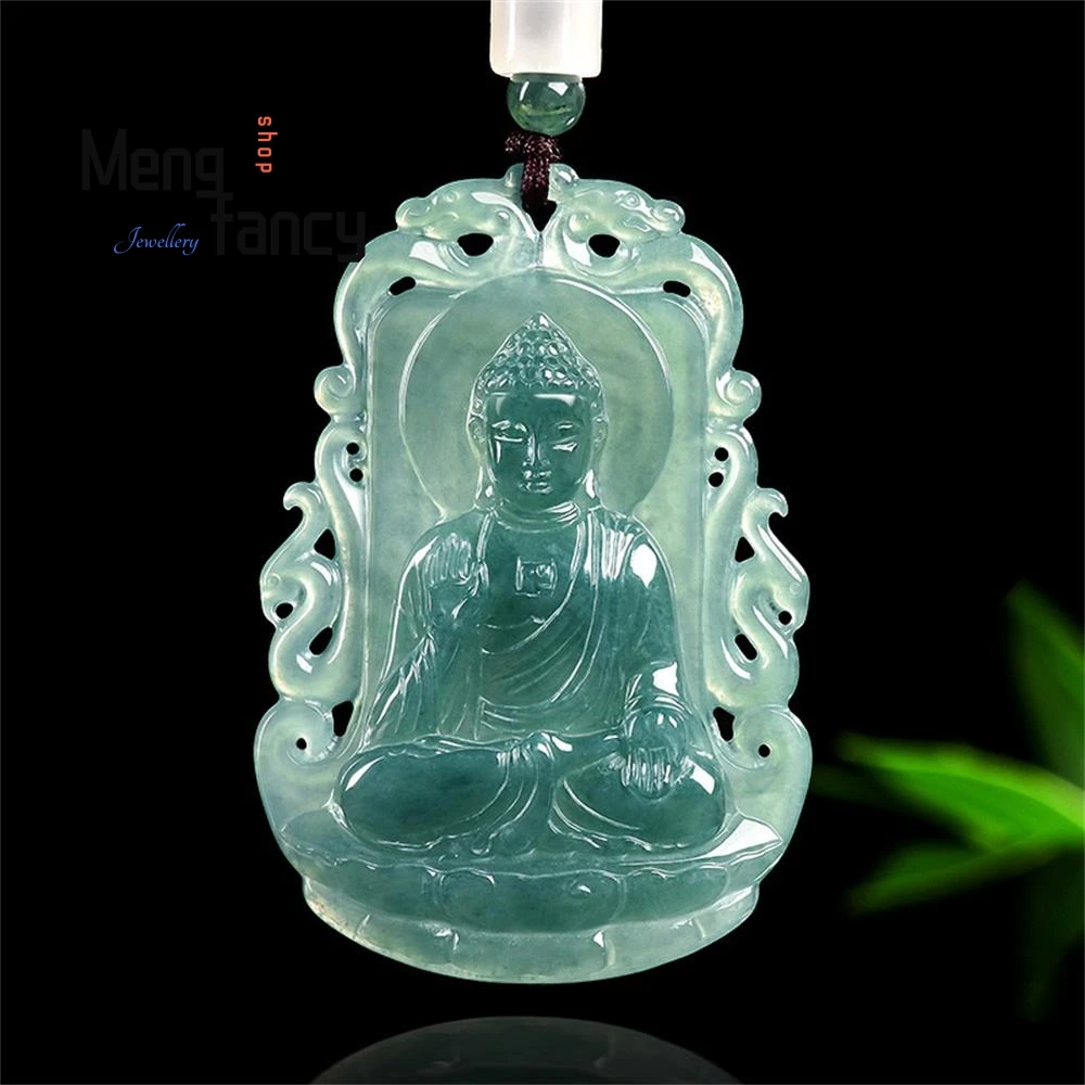 Natural A-grade Jadeite Blue Water Amitabha Buddha Pendant Guardian ...