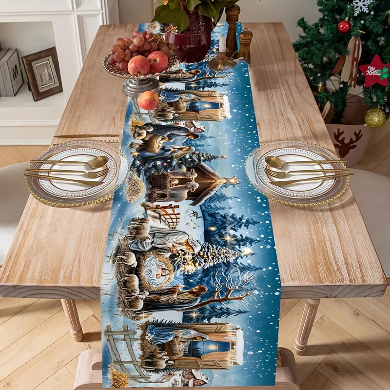 1pc Autumn Christmas Nativity Scene Table Runner, Snowy Religious Print ...