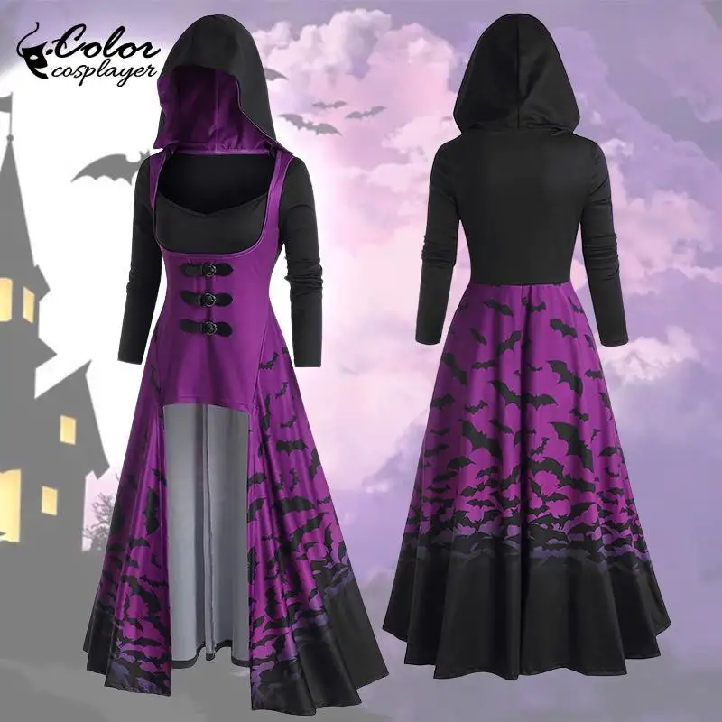 Color Cosplayer Purple Halloween Dress Witch Cosplay Costume Hooded ...