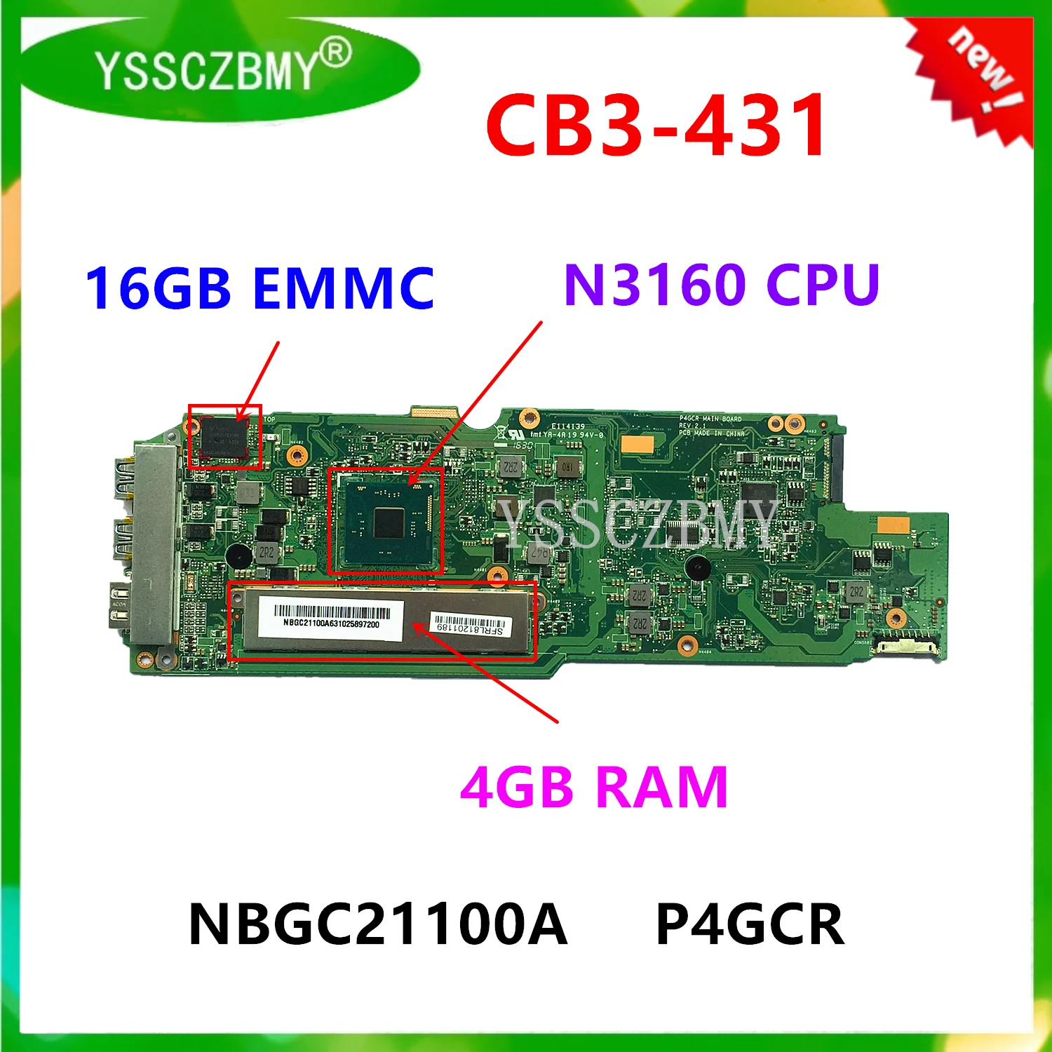 P4GCR Motherboard For Acer Chromebook 14 CB3-431 Laptop Motherboard NBGC21100A ( with N3160 CPU ...