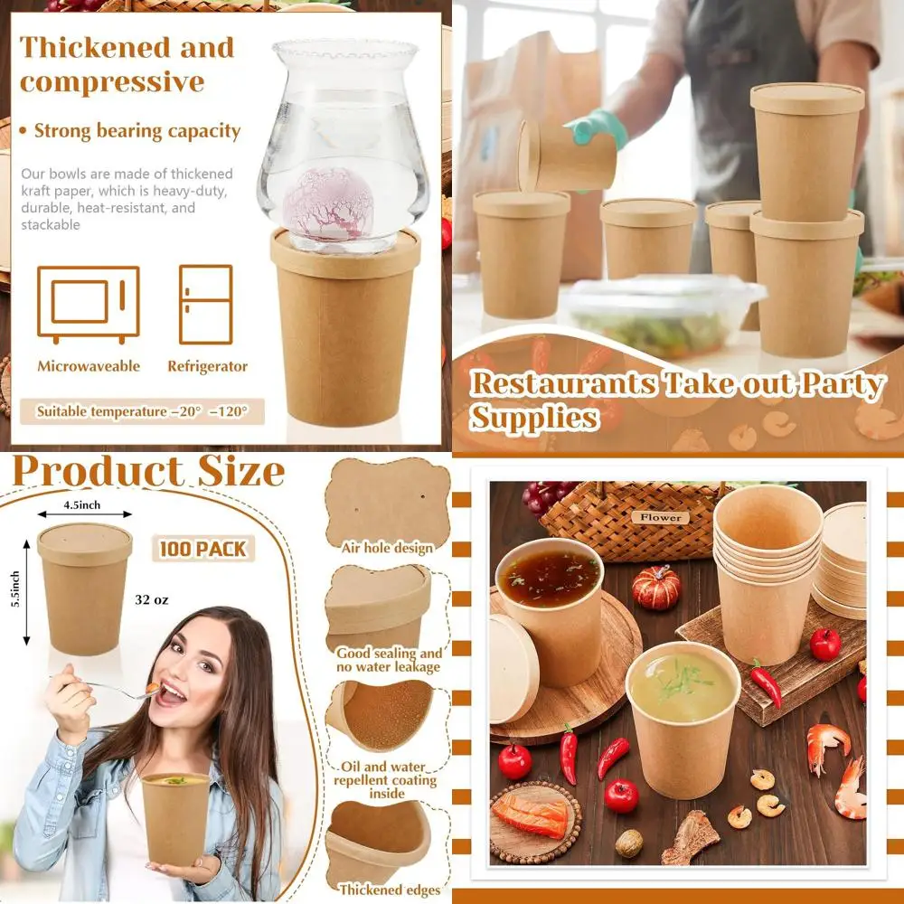32 oz Brown Paper Soup Containers with Vented Lids - Microwave ...